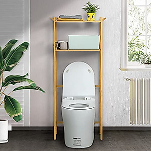MoNiBloom 2-Tier Bamboo Over The Toilet Storage Rack with Hooks Freestanding Bathroom Space Saver Corner Stand Storage Organizer, Natural