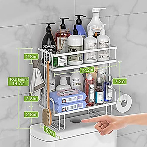 FREDI Over The Toilet Storage, 2-Tier Bathroom Organizer Shelf Organizer Shelve No Drill Space Saver with Hanging Hook Toilet Paper Holder for Kitchen, Bathroom, White