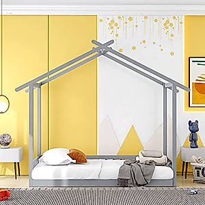 JIVOIT Extending Daybed with Trundle, Twin to King Design Daybed with Roof Design, Wooden House Bed Daybed Frame for Kids Teens Bedroom Furniture, No Box Spring Needed (Gray-Twin to King Design)