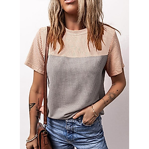 Dokotoo Womens Tops Color Block Short Tee Shirts Cute Going Out Shirt Summer Knit Top Cruise Outfits Casual Striped Tunics Blouses Spring Tops for Women 2025 Gray X-Large