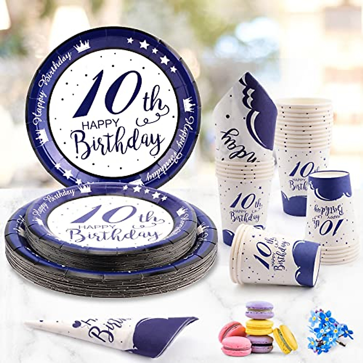 10th Birthday Decorations for Boys Girl, 96pcs Happy Birthday Plates and Napkins Navy Blue Party Tableware Set Party Supplies Paper Plates Napkins Cups 10th Birthday Plates - Serves 24 Guests