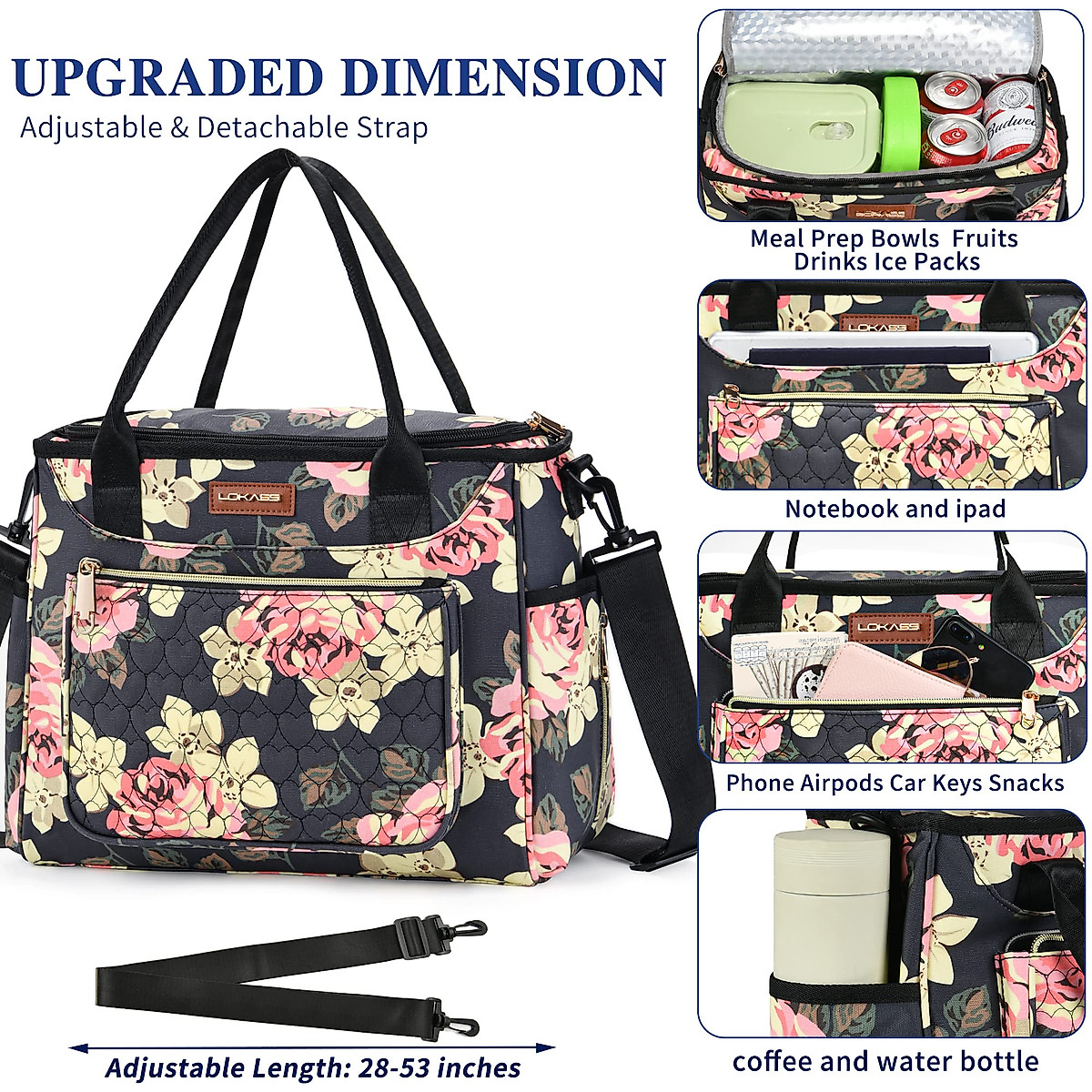LOKASS Lunch Box - Lunch Bag Women Insulated Lunch Box for Women Teacher Nurse Tote Bag for Work Picnic or Travel Removable Shoulder Strap Side Pocket - Peony