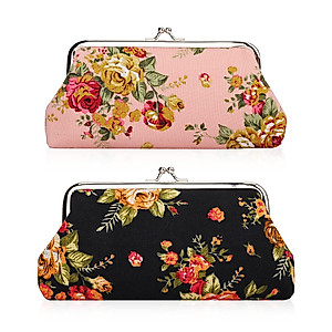 Oyachic 2 Pcs Large Coin Purse,Floral Change Purse,Long Wallets Clasp Kiss Lock, Vintage Coin Pouch for Woman Girls