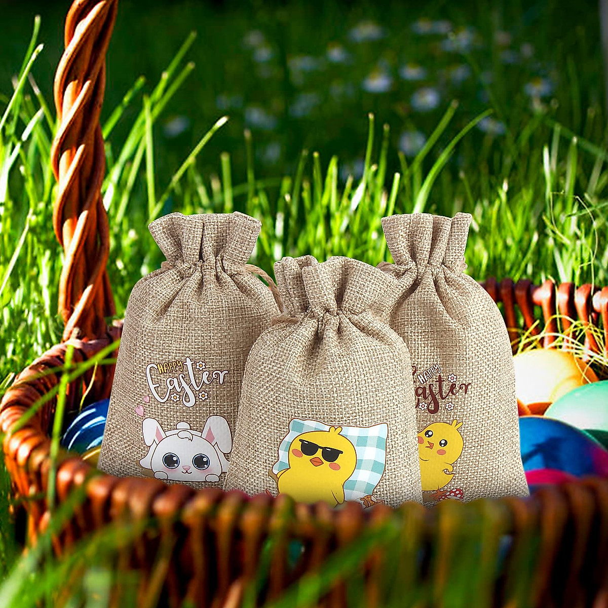 LOKIPA 24 Pcs Easter Burlap Bags, Easter Jute Burlap Bags Small Favor Bags with Drawstrings for Easter Party Favor