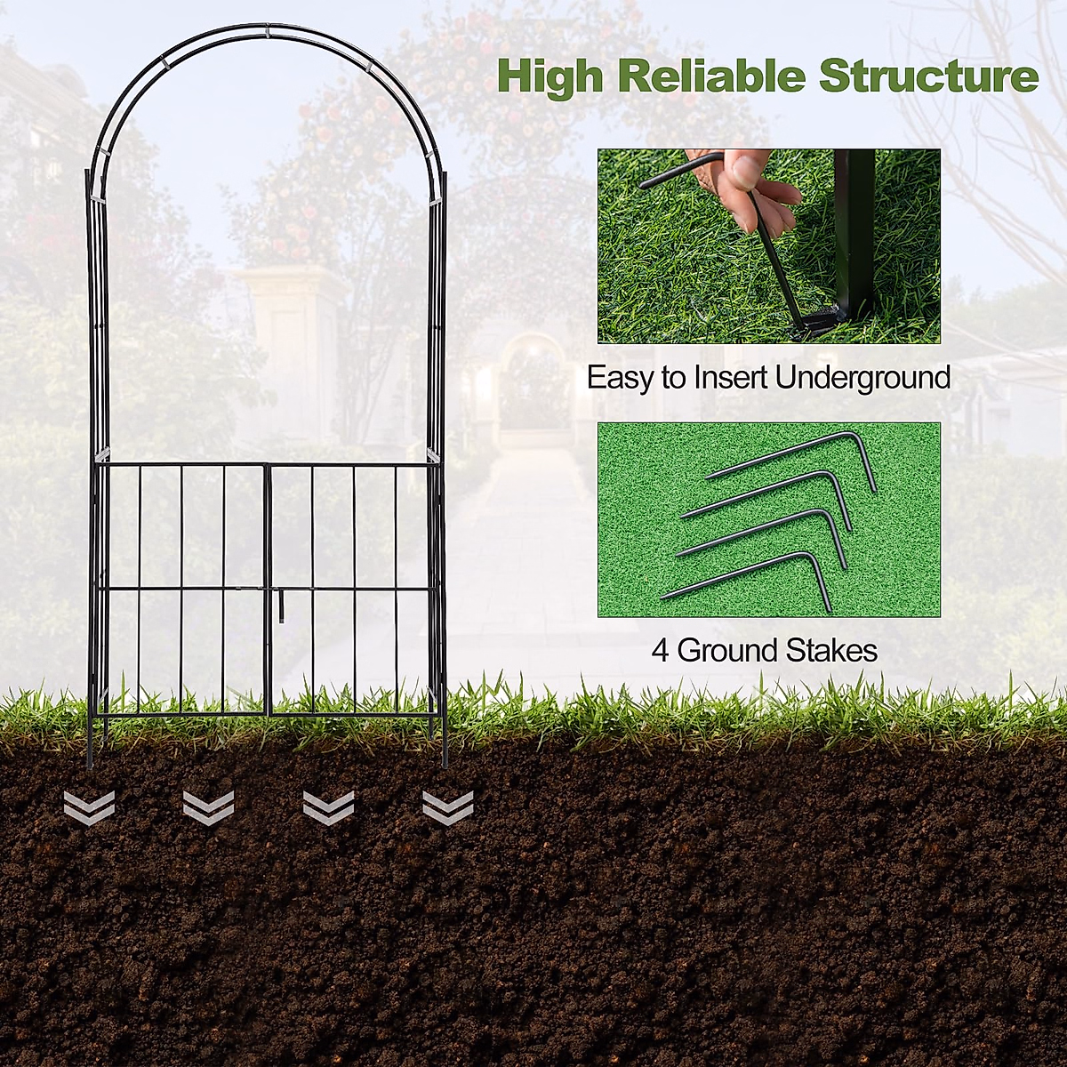 Tangkula 7.5Ft Garden Arbor with Gate, Metal Garden Arch with Trellis for Climbing Plants, Roses, Vines, Outdoor Garden Archway for Wedding Bridal Party Decoration Ceremony (Black)