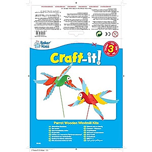 Baker Ross FE128 Parrot Wooden Windmill Kits - Pack of 3, for Kids Arts and Crafts Projects, Wooden Crafts for Children to Decorate, Personalize and Display