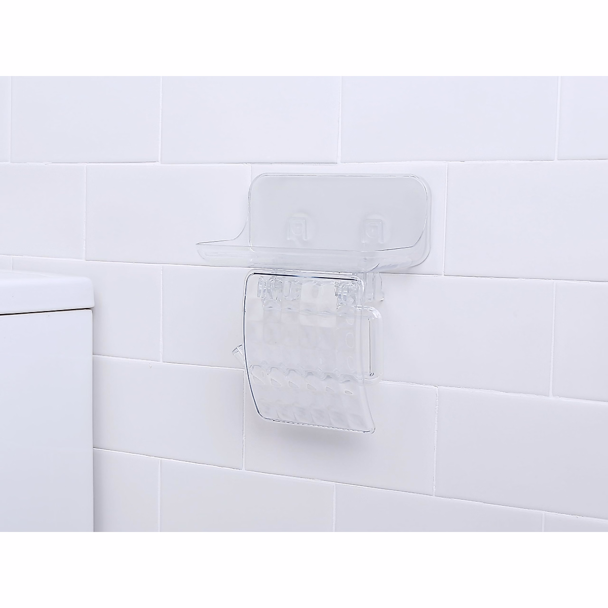 COLINCH Acrylic No Drill Toilet Paper Holder with Shelf - Splashproof, Cat-Proof Tissue Roll Holder, Adhesive Wall Mounted Bathroom Wipes Storage