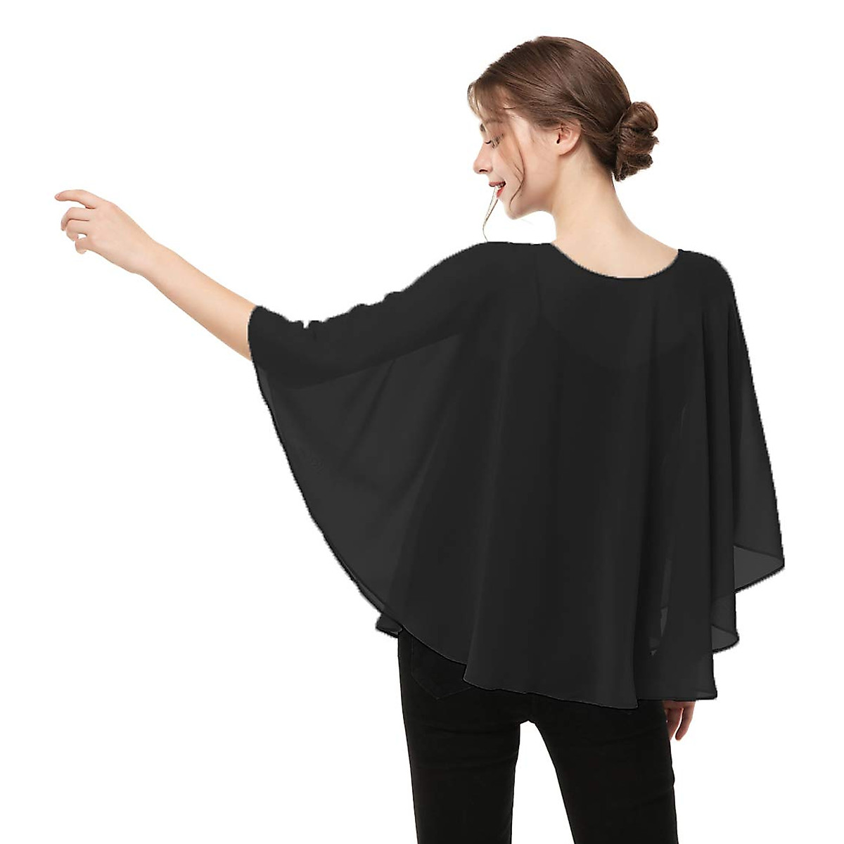 Casual Chiffon Cape Soft Shawl Sheer Shrugs Poncho Capelets shawls and Wraps for Women (Black)