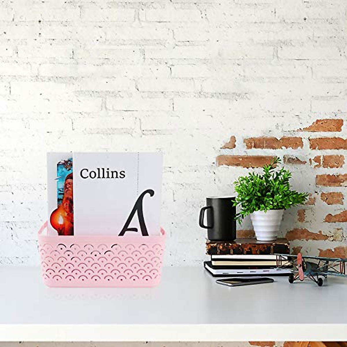 STARVAST 5 Pack Plastic Storage Baskets, Portable Pink Fish Scale Pattern Hollow Desktop Storage Bin Box with Handle for Kitchen, Bathroom, Kids Room or Nursery Storage – 9.4 x 7.1 x 4.1 inches