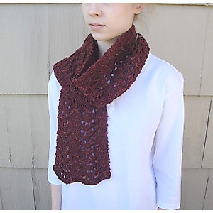 Short Scarf, Deep Burgundy Red, Rustic Wool Tweed, Hand Knit, Lace Texture, Womens Winter Scarf