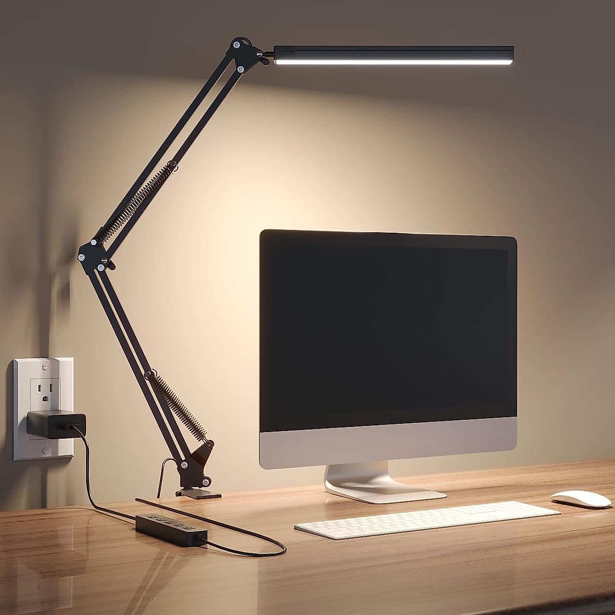 TROPICALTREE LED Desk Lamp, Swing arm Desk Light with clamp, 3 Lighting 10 Brightness Eye-Caring Modes, Reading Desk Lamps for Home Office 360 Degree Spin with USB Adapter & Memory Function black-14W