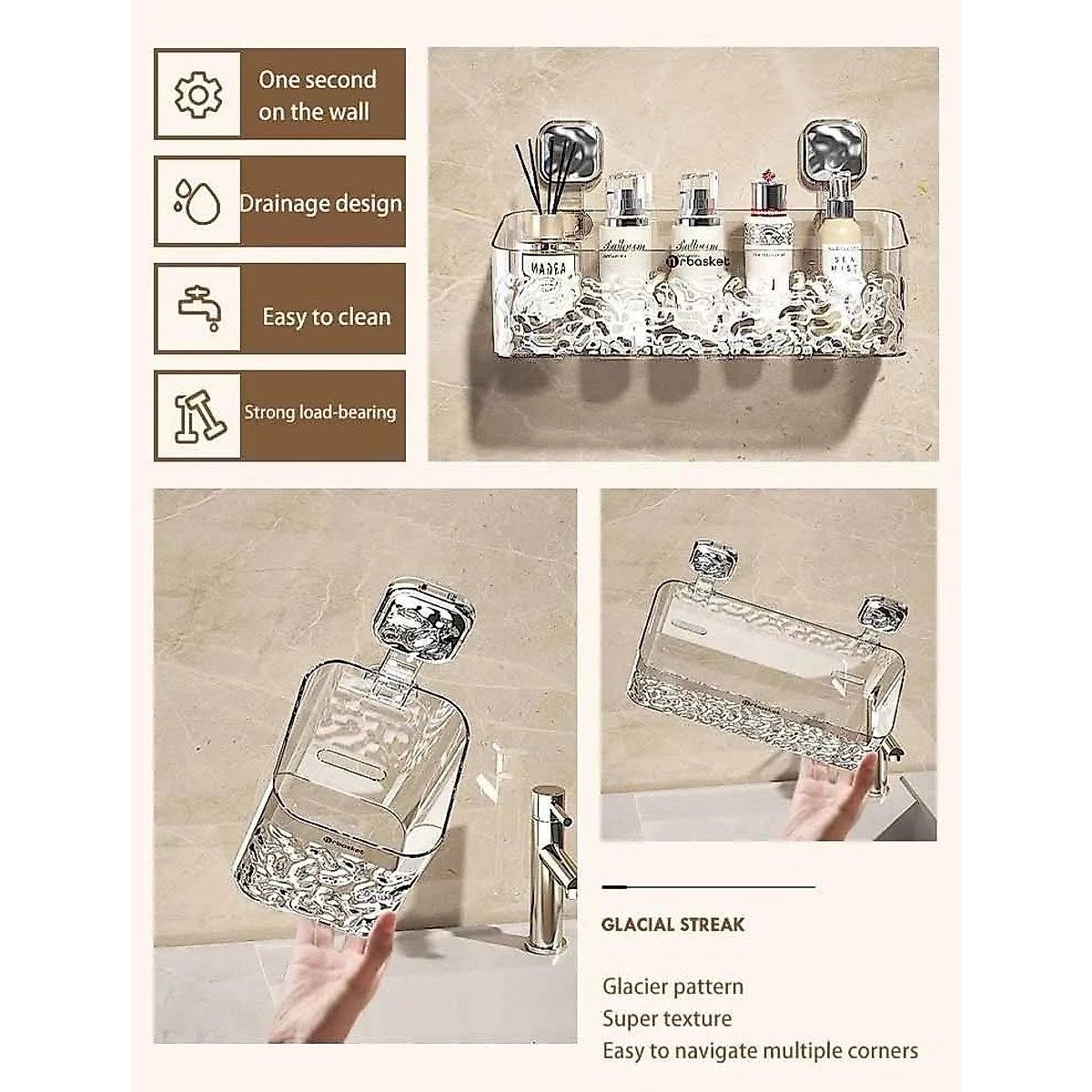 Glacier Pattern Suction Cup Shelf - Stylish Shower Caddy with Convenient Soap Dispenser，Elegant and Functional