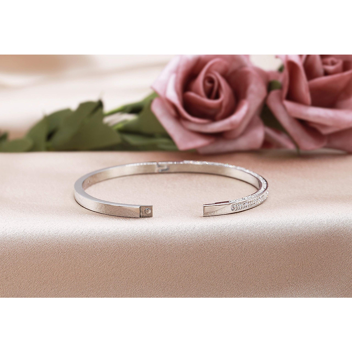 JewelryLand Rose Gold/Gold/Silver Titanium Stainless Steel Pave Cubic Zironia Simulate Diamond Stackable Oval Hinged Bangle Bracelet 6.5"-7" (6.5" Silver)