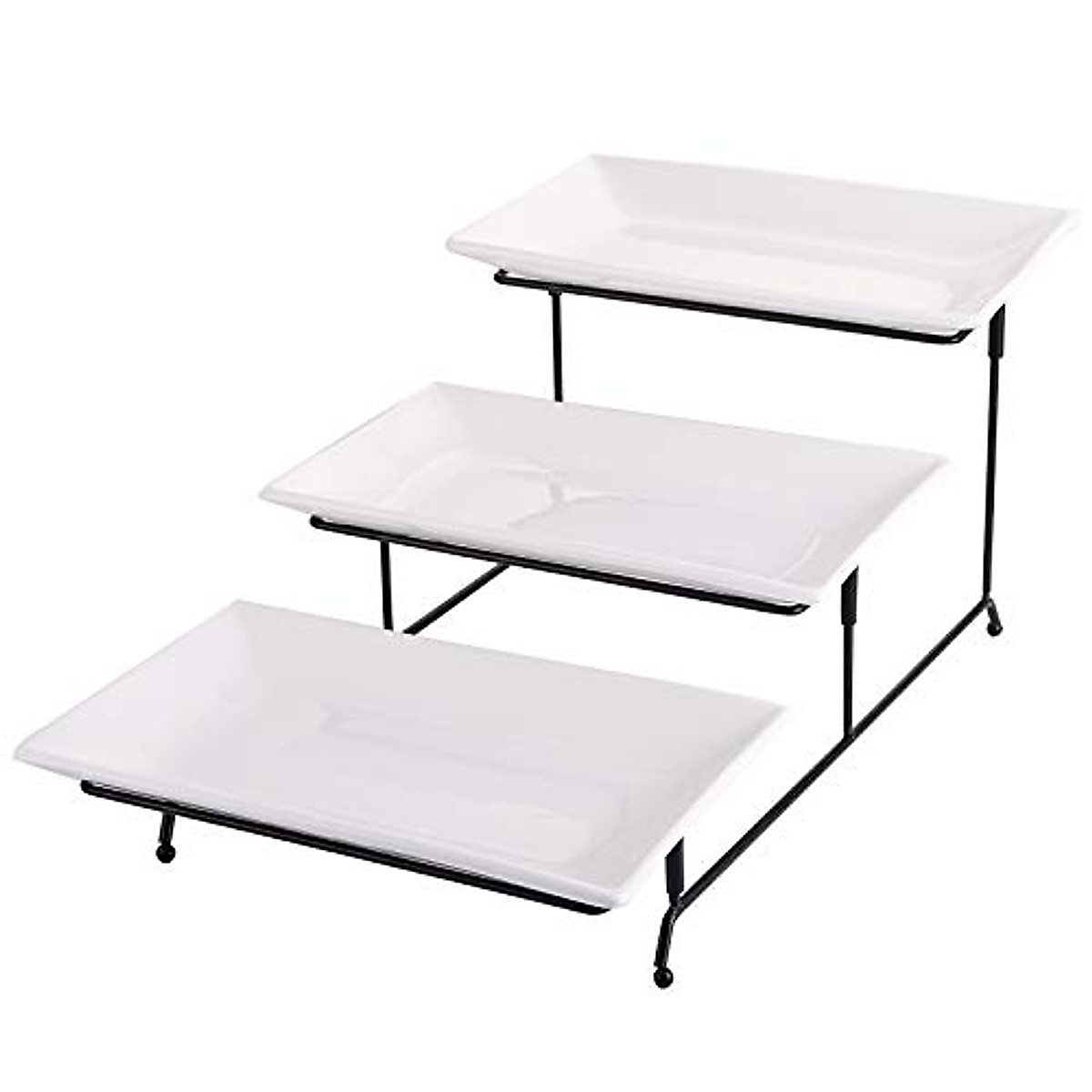 Lawei 3 Tier Serving Stand Porcelain Serving Platters, 12 Inch Rectangle White Plates with Collapsible Sturdier Rack, Three Tiered Cupcake Tray Serving Display Plate Rack for Weddings Parties Birthday