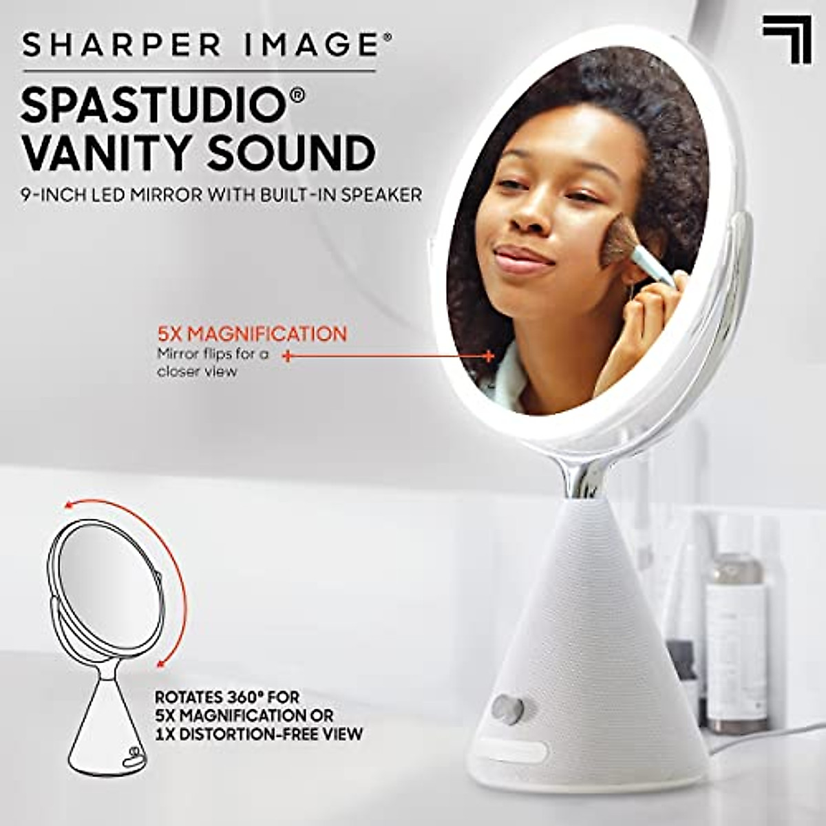 Sharper Image SpaStudio Vanity Sound, 9-Inch LED Mirror with Built-in Speaker, Wireless Bluetooth Audio, Touch-Activated Brightness Controls, Dimmable Halo Light Ring, 5X and 10X Magnification