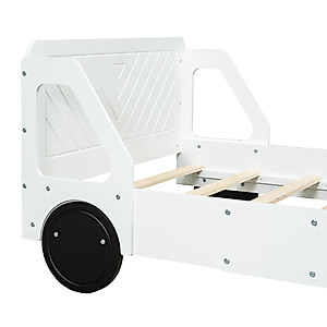 Linique Twin Car Bed,Wooden Twin Size Car-Shaped Platform Bed Frame with Wheels,White