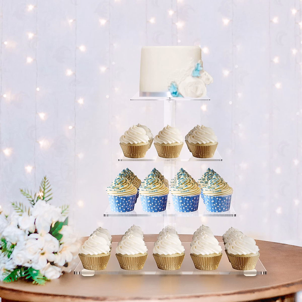 4 Tier Square Acrylic Cupcake Display Stand Holder with LED String Light Pastry Dessert Serving Platter for Birthday or Wedding Party