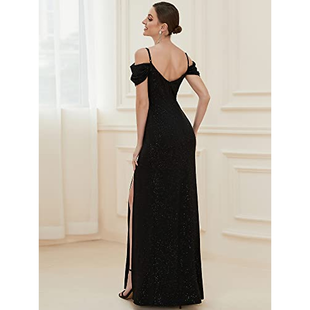 Ever-Pretty Women's V-Neck Ruched Sparkle Short Sleeves Summer Evening Dress for Women Black US6