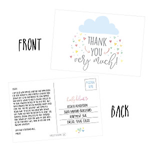 50 4x6 Rain Clouds Blank Thank You Postcards Bulk, Cute Modern Baby Shower Sprinkle Rainbow Showered With Love Thank You Note Card Stationery For Wedding Bridesmaid Bridal, Religious, Holiday