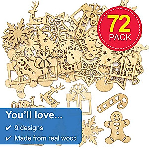 Baker Ross FE983 Christmas Mini Wooden Shapes - Pack of 72, Embellishments for Crafting, Craft Supplies for Children, Ideal for Kids Arts and Craft Projects
