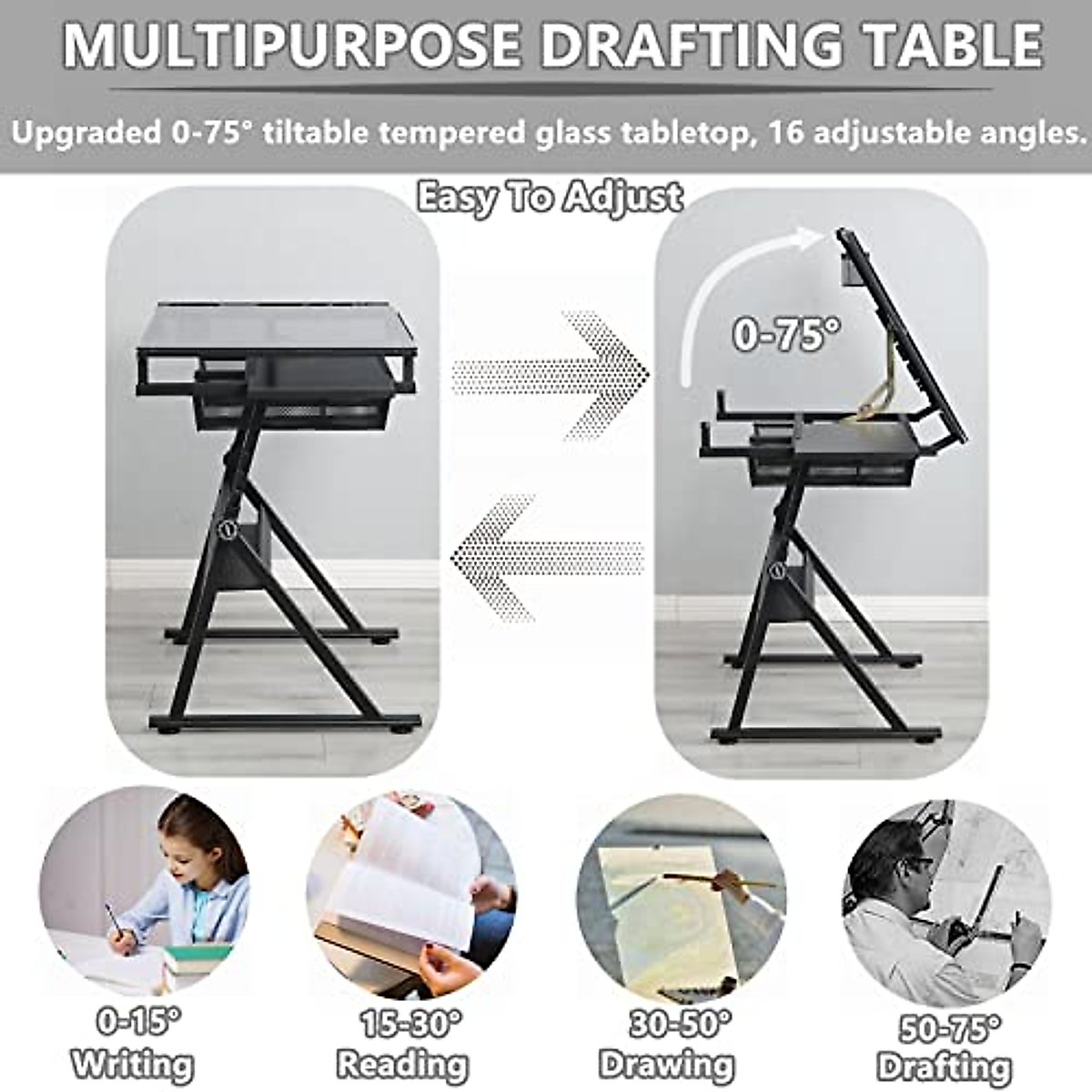 Gynsseh Glass Drafting Table Drawing Table with Stool and Storage, Height Adjustable Art Table for Adults/Artists, Tiltable Tabletop Art Desk Painting Table for Reading Writing Drawing