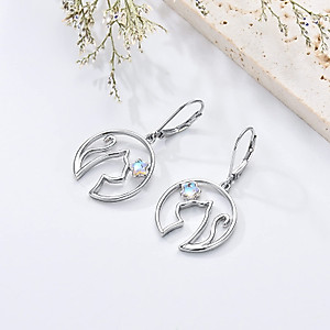 Cat Earrings with Moonstone 925 Sterling Silver Kitten Dangle Dangling Drop Charm Leverback Earrings Animal Jewelry Gifts for Women