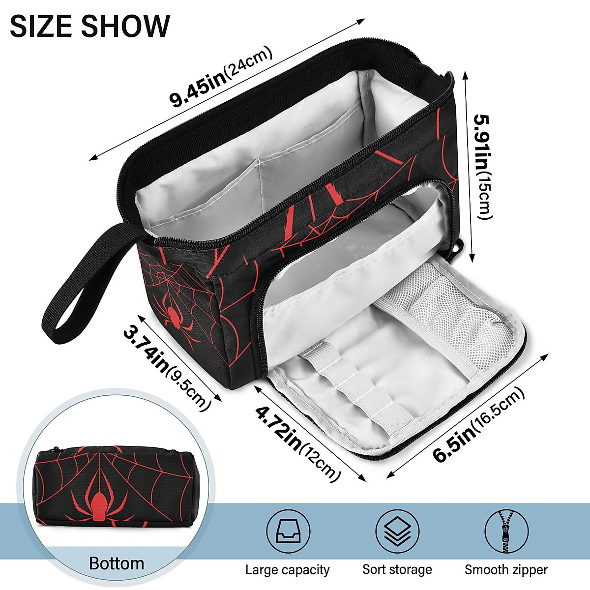 Glaphy Red Spider and Spider Web Halloween Pencil Case Large Capacity Pencil Pouch Bag Zipper Storage Stationery Bag for Office College School