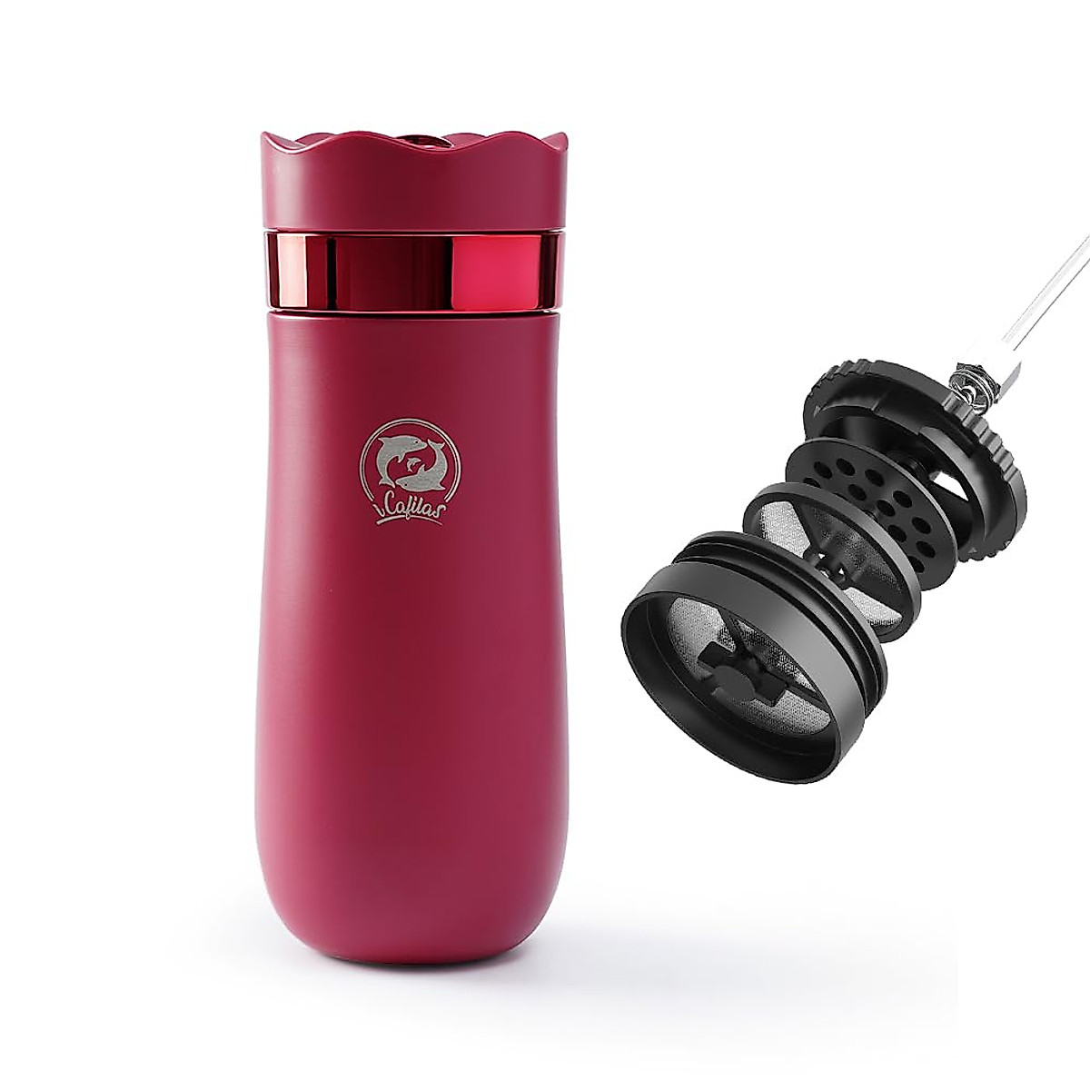 BENFUCHEN Travel Coffee Press, Vacuum Insulated Portable French Press, Stainless Steel Portable Coffee Maker/Tea Press, 12oz, Rose Red