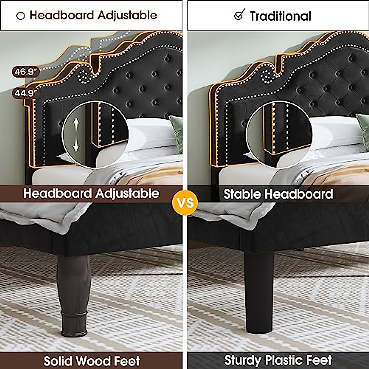 WEEWAY Queen Bed Frame with Velvet Tiara Curved Headboard and High Resilience, Upholstered Diamond Button Tufted Platform Bed with Wood Slats/No Box Spring Needed/Easy Assembly/Black