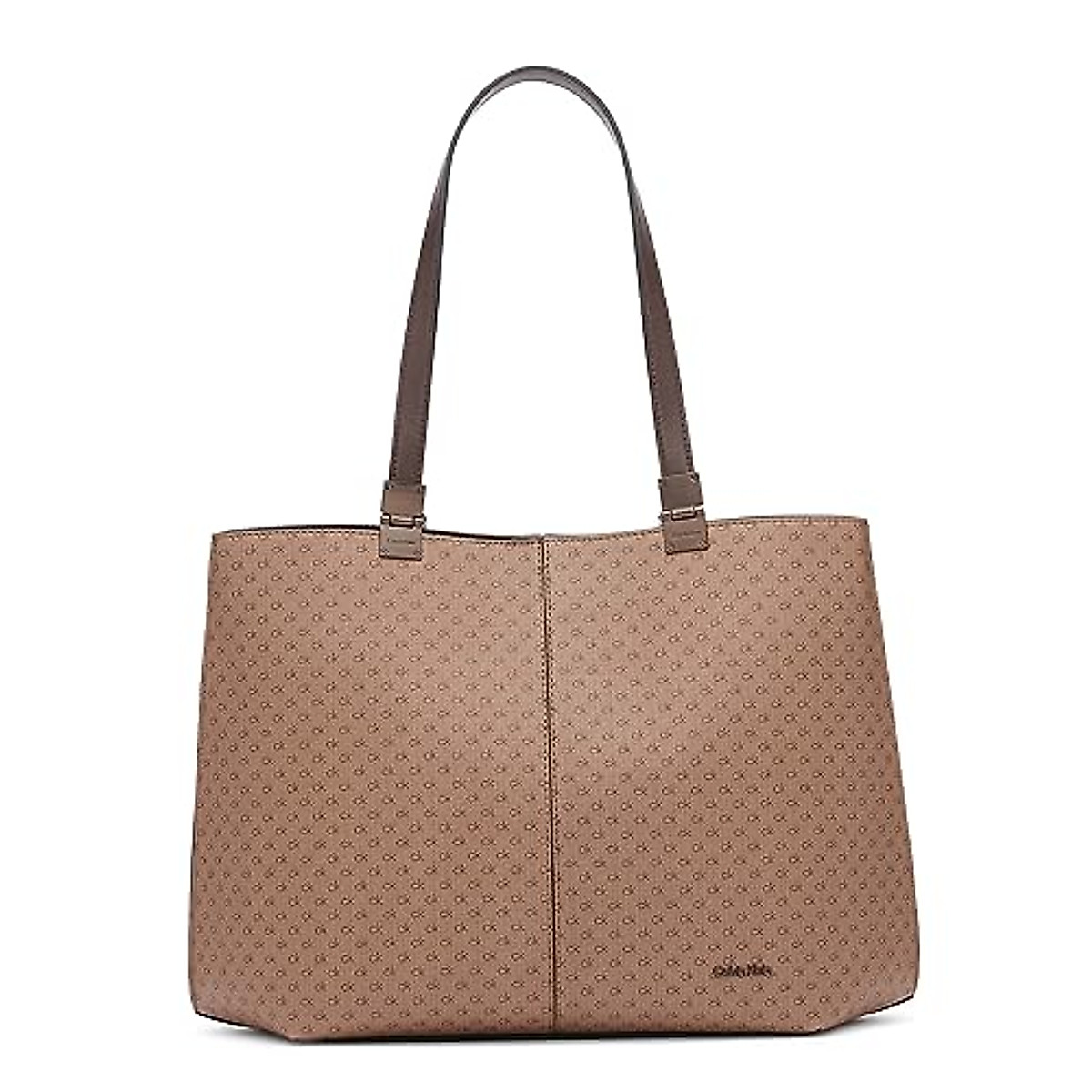 Calvin Klein Women's Granite Geometric Tote Bag – Vegan Leather, Monogram, 3 Pockets, Khaki/Brown/Java, One Size
