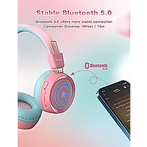 Link Dream Kids Bluetooth Headphones with Microphone for School On-Ear Headphone Toddler Children Wireless Headphone Headset with LED Lights Compatible with Cellphone/Computer/Tablet/iPad (Pink)