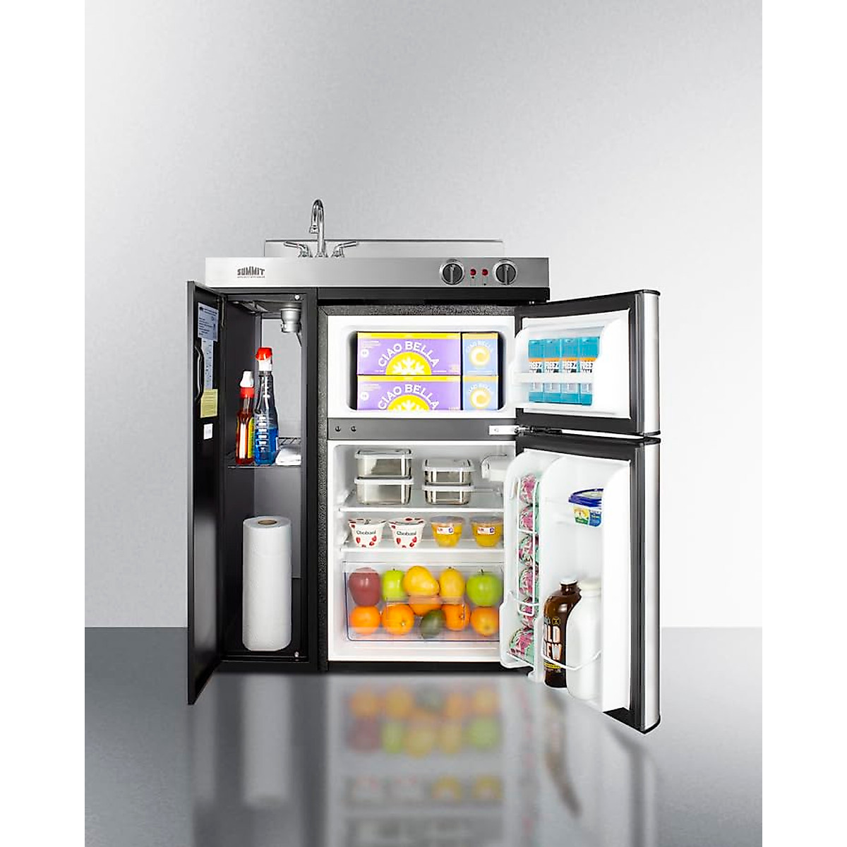 Summit Appliance C30ELBK 30" Wide All-in-One Kitchenette in Black with a 2-Burner 115V Coil Cooktop, 2-Door Refrigerator-Freezer, Sink, and Large Storage Cabinet