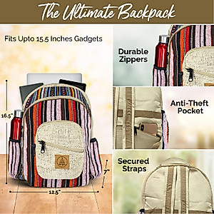 Ojas Yatra Hemp Backpack Large - Pure Himalayan Hemp Bag for Travel - Large Bohemian Rasta Backpacks for Men & Women - Multi Pocket Pure Himalayan Hemp Rucksack for Laptop, Books & Festivals