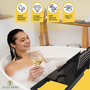 Enlux Premium Bathtub Tray Caddy - Expandable Bath Tray - Unique House Warming Gifts, New Home, Anniversary & Wedding Gifts for Couple, Bridal Shower Gift for Women (Black)