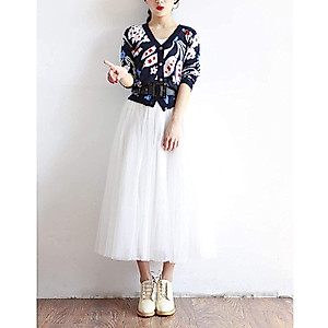 LBKKC Women's Midi Tulle Skirt Elastic Waist 3 Layered Mesh Formal Prom Party Tutu Skirt A Line(L,Off White)