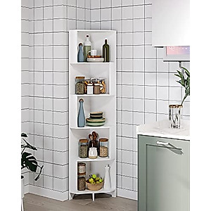 Yusong Bookshelf Corner Shelf Bookcase, Wooden 5-Tier Book Shelves Display Cabinet for Living Room,Bedroom,Bathroom, White