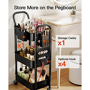 Pipishell 3-Tier Rolling Cart, Metal Utility Cart with Pegboard, Lockable Wheels & U-Shaped Handle, Storage Cart with 2 Hanging Cups & 4 Hooks for Living Room, Bedroom, Kitchen, Office (Black)