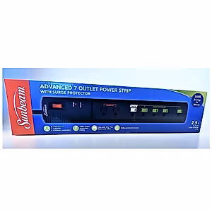 Sunbeam Advance 7 Outlet Power Strip with Surge Protector & Spaced Outlet 15A