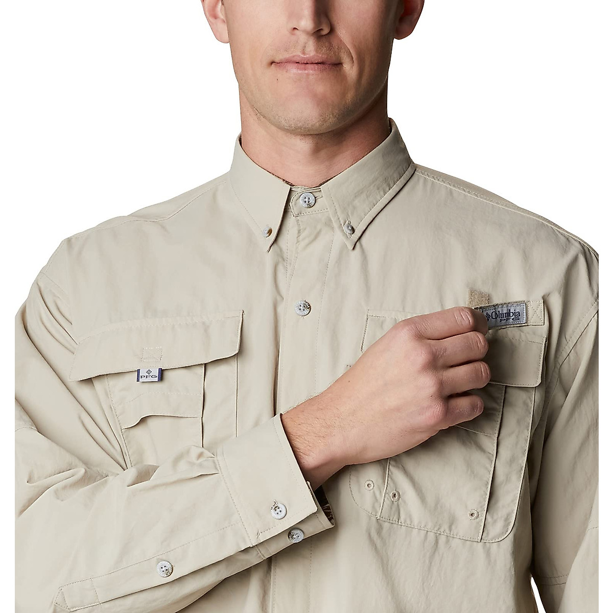 Columbia Men's PFG Bahama II Long Sleeve Shirt, Breathable, UV Protection, Fossil/Realtree Edge, Large