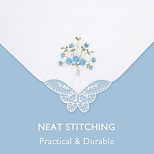 Selected Hanky Women's Cotton Handkerchiefs Flower Embroidered with Lace, Ladies Hankies 6 Pcs - Blue Floral