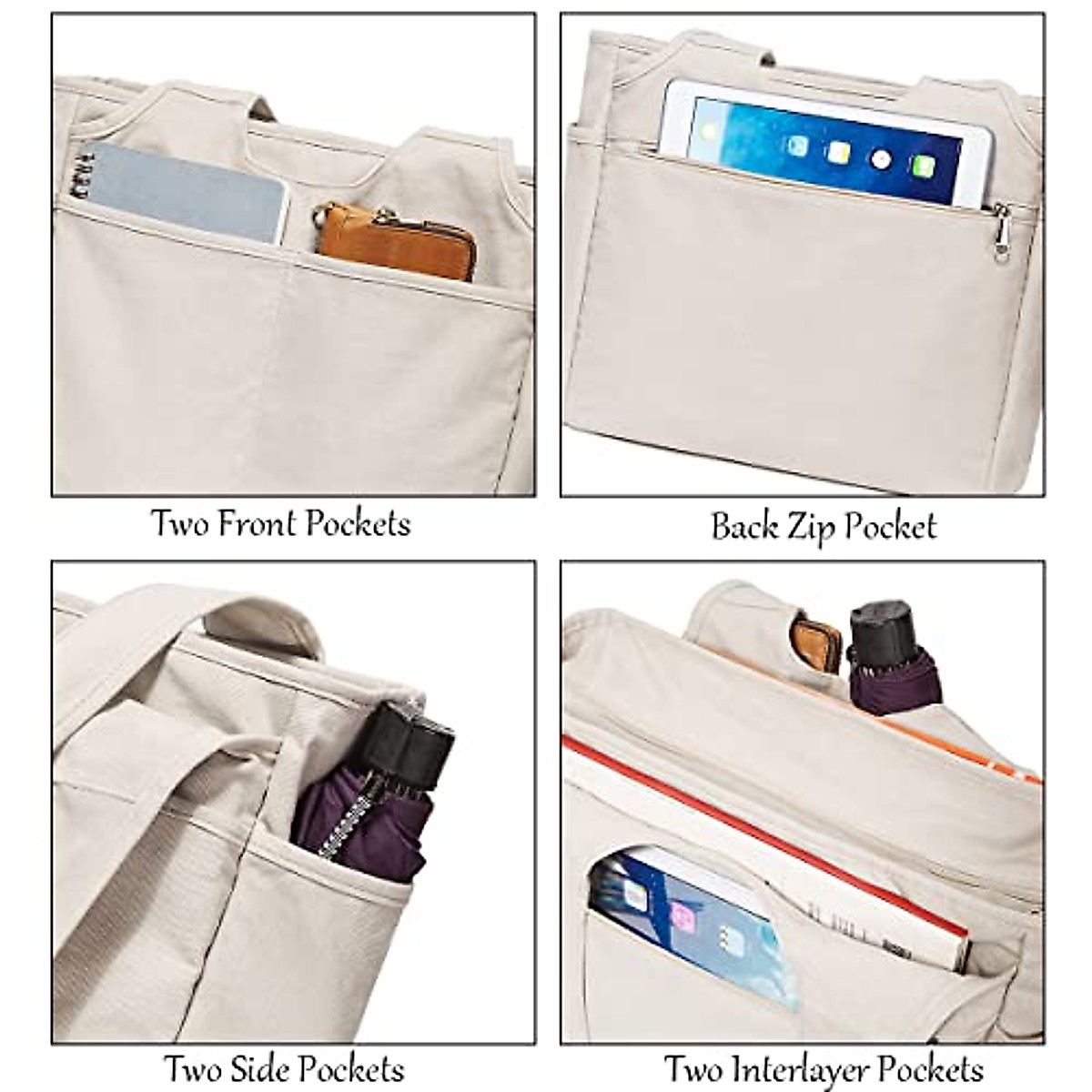 KYALOU Large Canvas Tote Bag for Women & Men, Casual Shoulder Bags with 13 Exterior & Interior Pockets for Work School Gym Beach Travel Shopping Grocery (Light Gray)