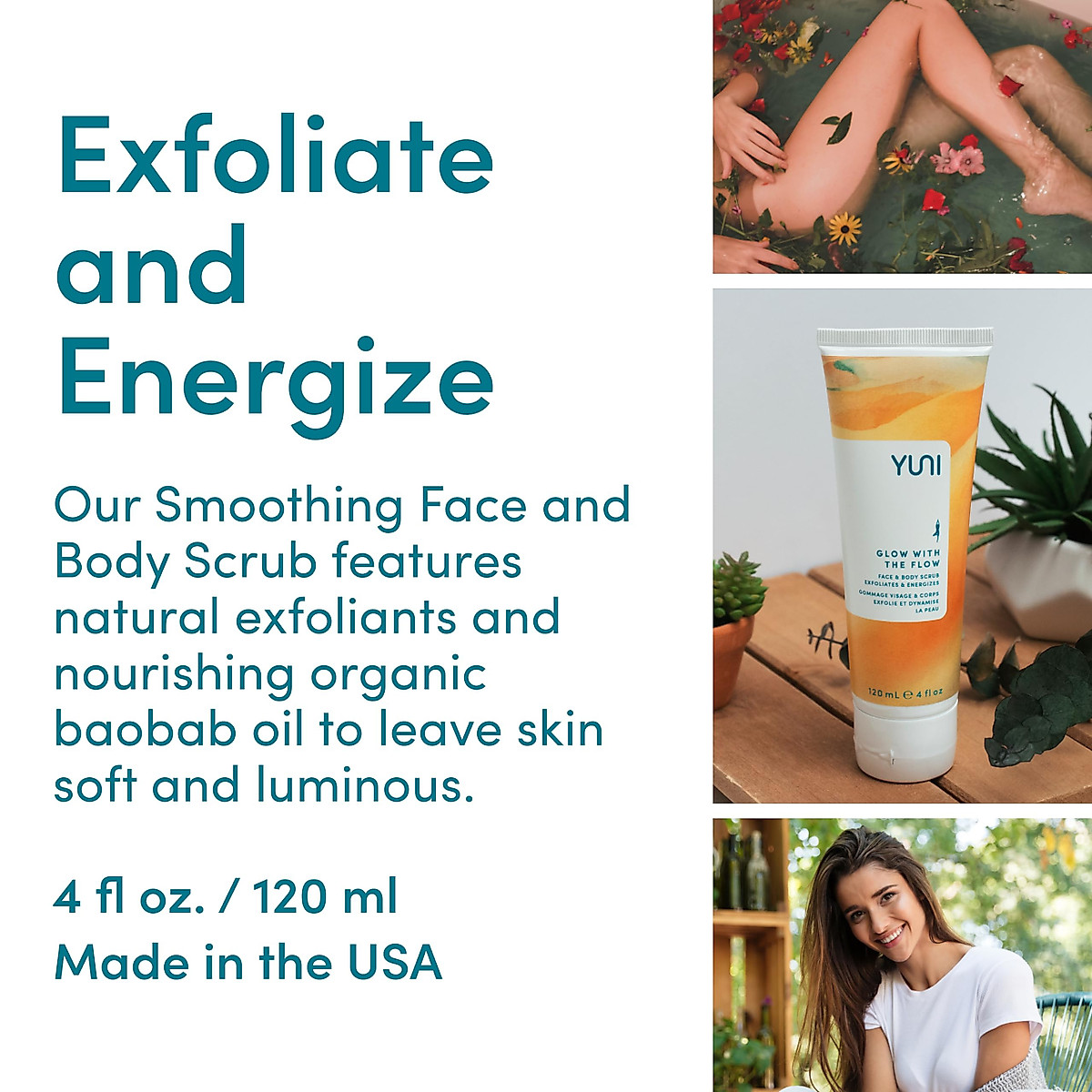 YUNI Beauty Face & Body Scrub (4oz) Glow with the Flow Exfoliating Wash for Glowing Skin - Exfoliate & Energize - Improve Dry, Dull Skin - All Natural, Paraben-Free, Cruelty-Free