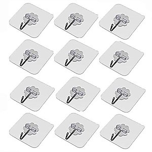 Wall Hooks 13.3lb(Max) Transparent Self Adhesive Hooks Waterproof Seamless Strong Hooks for Kitchen, Bathroom,12 Pack