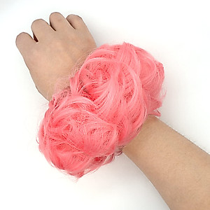 QTHQTFL 2pcs Messy Bun Hair Piece Scrunchie Hair Bun Hair Pieces for Women Girls Elastic Rubber Band Curly Wavy Synthetic Hair Bun Scrunchies Ponytail Extensions (Pink)