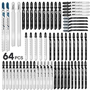 64 Pcs Jigsaw Blades Set for Wood, Plastic and Metal Cutting, 12 Types T-Shank, Compatible with Bosch, DEWALT, Black and Decker and More