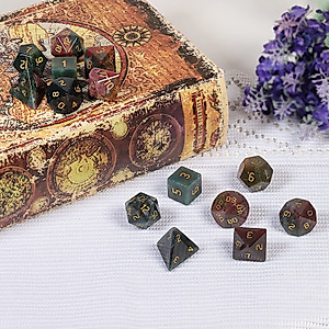 Yatming Set of 7 Healing Crystal Polyhedral DND Dice for RPG MTG Table Games, Handmade Indian Agate Stone Dice Set with Box for Collection Display Home Decor