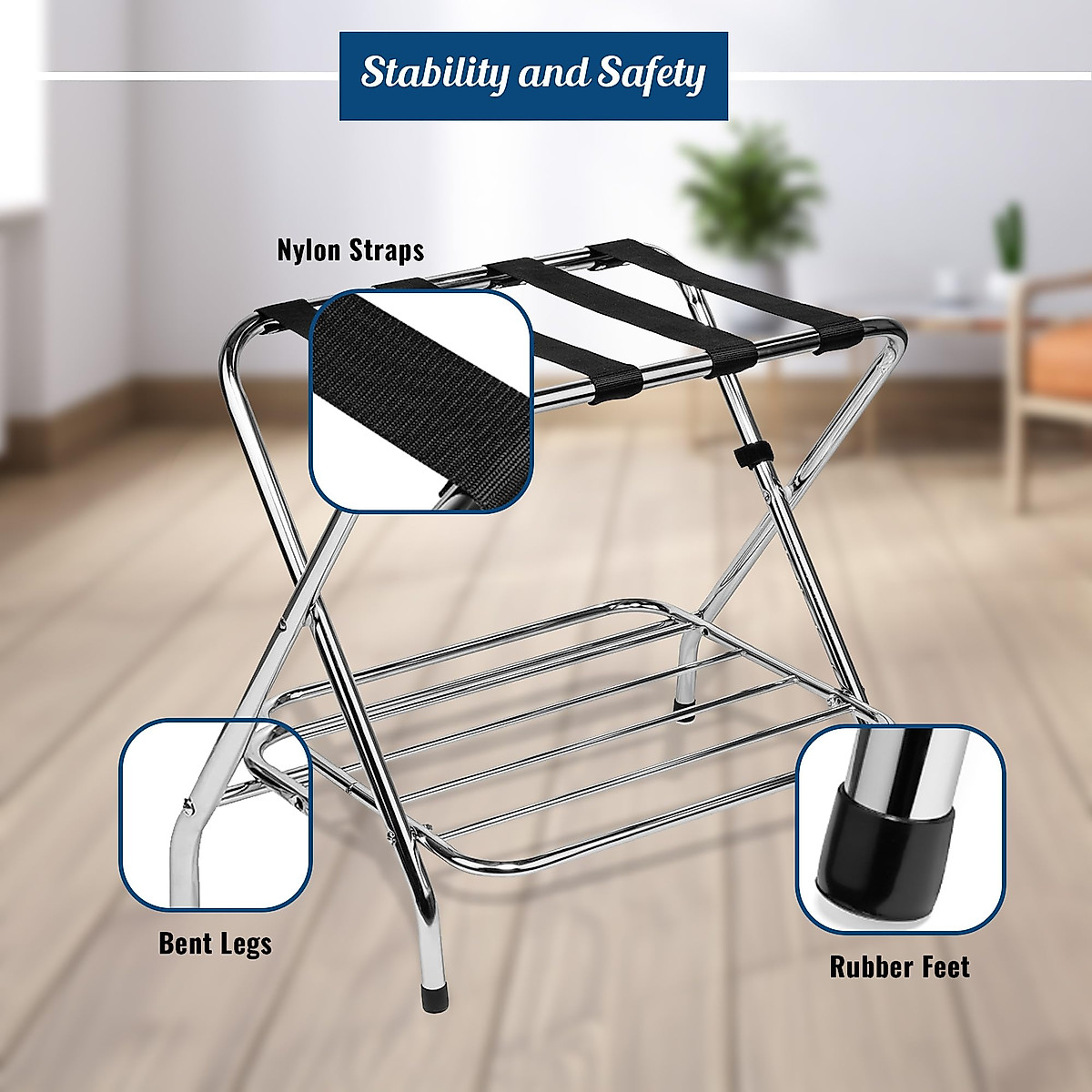 USTECH Luggage Rack-Double Tier, Chrome, Self Asssembly, Foldable Rack for Guest Room