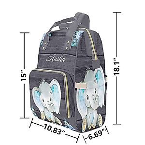 SunFancy Personalized Cute Blue Elephant Floral Diaper Backpack with Name Text Large Capacity Custom Multi-Function Bag Unisex Travel Backpack for Mom Dad Boy Girl, 10.83 in L x 6.69 in W x 15 in H