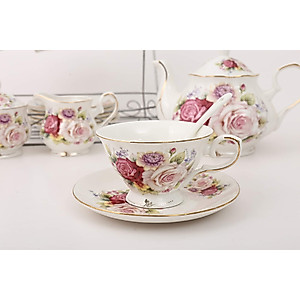 ufengke 15 Piece European Ceramic Tea Sets,Bone China Coffee Set with Metal Holder,Colorful Rose Painting Pumpkin Coffee Tea Pot