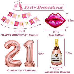Pink 21st Birthday Decorations for Her Rose Gold Hot Pink Balloons, Happy Birthday Banner Pink, 21 Balloon Number Rose Gold, Hot Pink Lips Balloon, Champagne Bottle Balloon, Finally 21 Bday Supplies